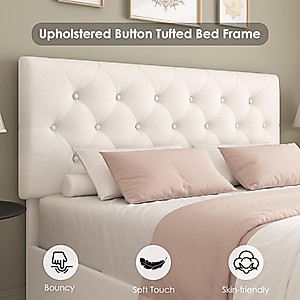 Keyluv Modern Upholstered Bed Frame with 4 Storage Drawers, Button Tufted Headboard Design, Solid Wooden Slat Support, Easy Assembly, Fabric, Beige, Queen Size
