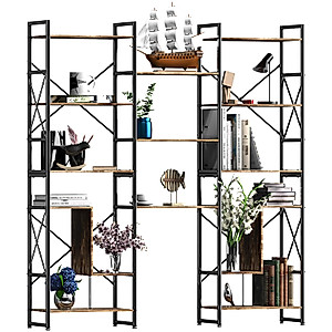 KIDSU Large Bookshelf,Industrial Bookacse with 15 Open Display Shelves,Triple Wide 5 Tier Wood and Metal Bookshelf,Modern Grey Bookshelve for Living Room,Office,Bedroom (Rustic Brown)