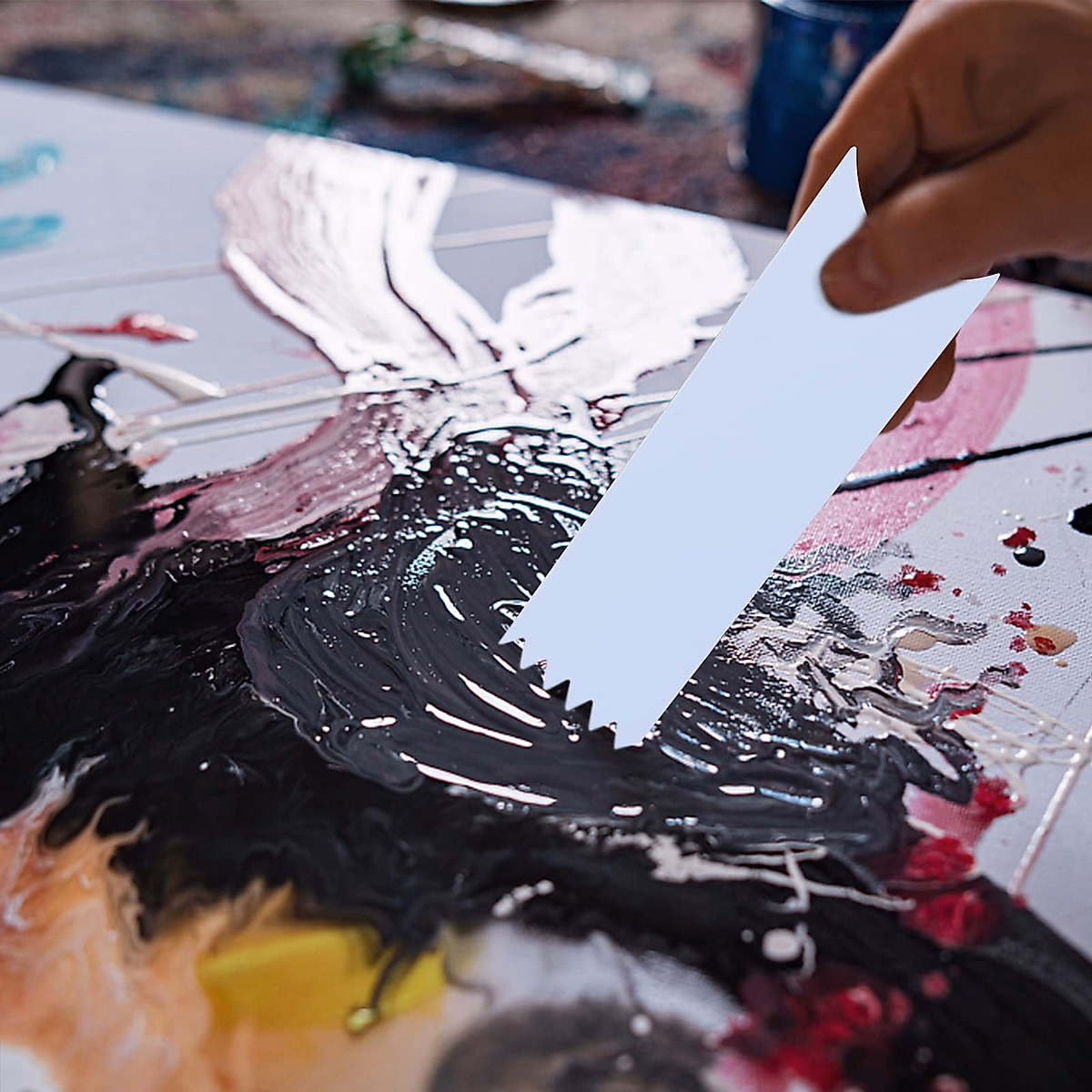 craftshou Multifunction Acrylic Pouring Swipe Tools,14 Pcs Paint Scrapers Plastic Paint Swipe Accessories for Acrylic Painting Technique