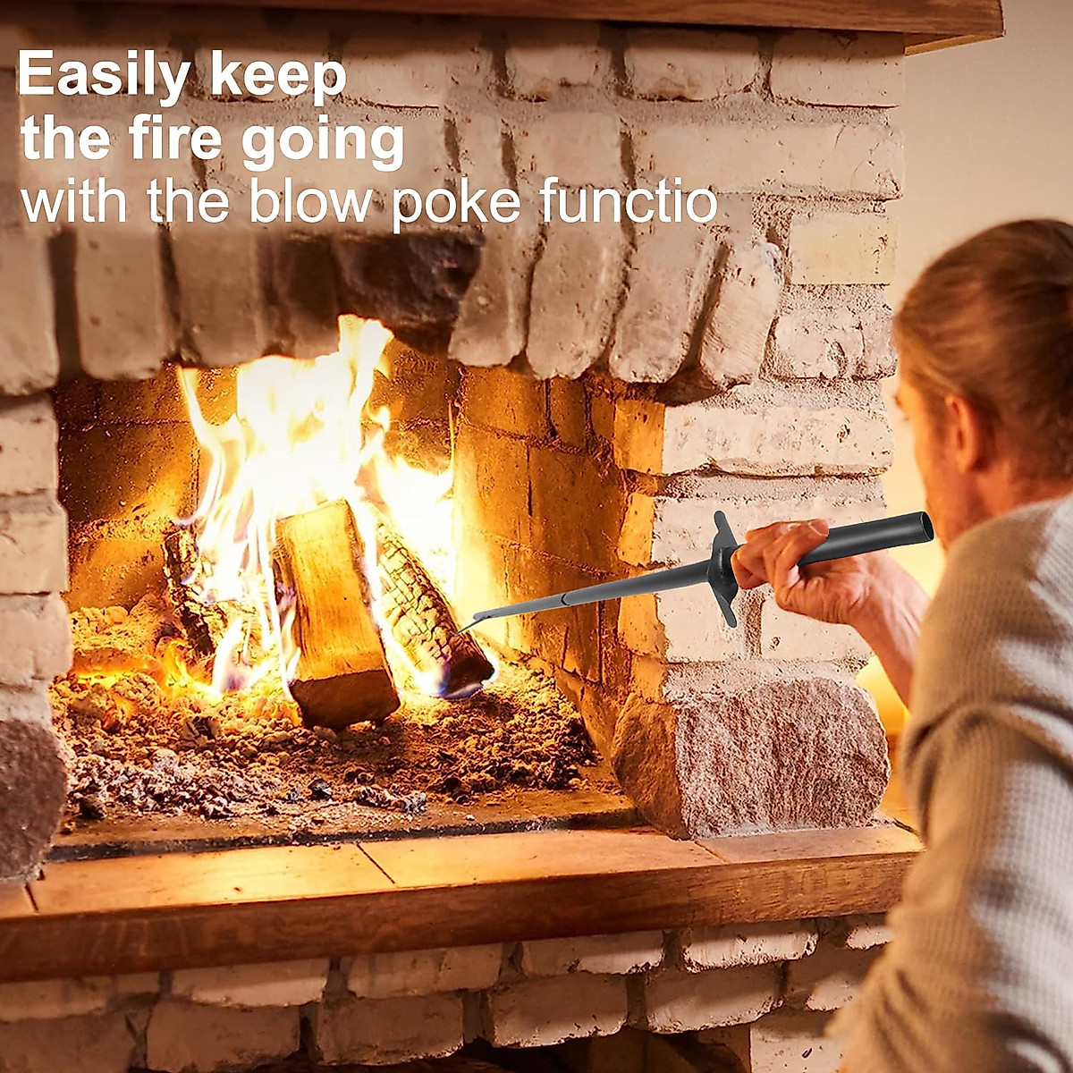 VODA Fire Poker and Fireplace Tongs Set - 31" Campfire Poker with Blow Poke Function, 24" Firewood Tongs, 2 Part Assembled Fire Pit Poker, Log Grabber for Firepit Bonfire Wood Stove Fireplace