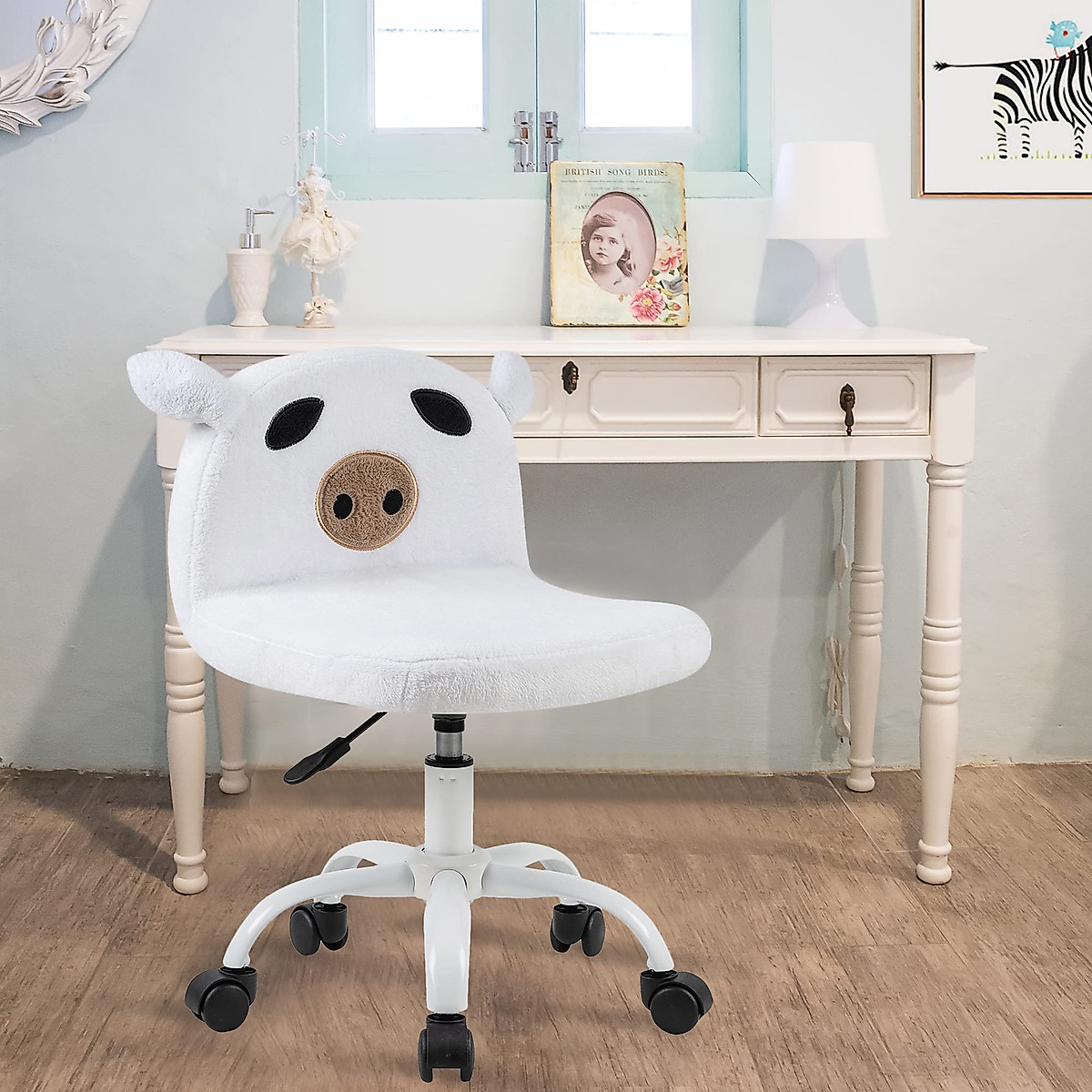 LEEJAY Cute Fuzzy Desk Chair for Teen Girls - Fancy Girl Computer Chair with White Metal Base - Ergonomic Adjustable Armless Swivel Rolling Children Vanity Chair, White Sleepy Piggy