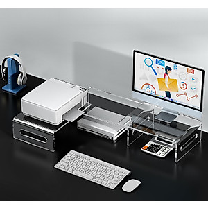 ErgoFocus Acrylic Monitor Stand Riser, Dual Monitor Stand with Adjustable Length and Angle, Clear Monitor Stand for 2 Monitors, 3 Shelf Monitor Stand Riser with Anti-Slip Mat for Computer