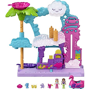Polly Pocket Playset, Pollyville Flamingo Fun Car Wash with 2 Micro Dolls, Toy Car, Water Play & Color-Change Accessories