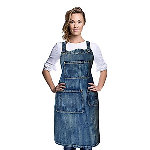 Miiinaps Blue Denim Apron With Pockets - Jean Work Apron for Women and Men, Plus Size Hair Stylist Apron - Washing Style | Adjustable XXL (Denim Blue)