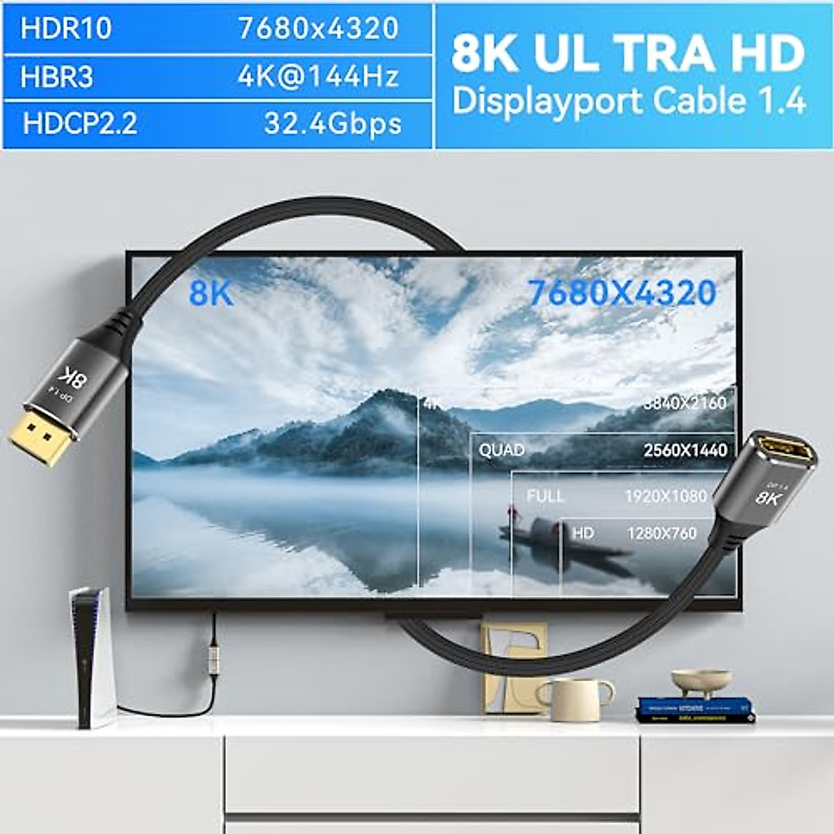 DGHUMEN 8K DisplayPort Extension Cable 3Feet, DisplayPort 1.4 Male to Female Extension Cable, Braided DP to DP Extended Cord, Supports 8K@60Hz,4K@120Hz (Grey, 3 Ft)