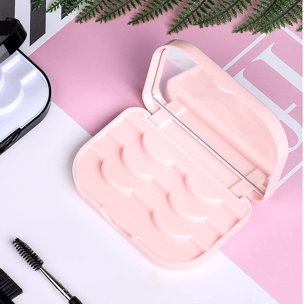 Empty Eyelashes Storage Box, TEOYALL 3 Layer False Eyelash Travel Case Fake Eye Lash Organizer with Mirror Can Store 3 Pairs (Pink)