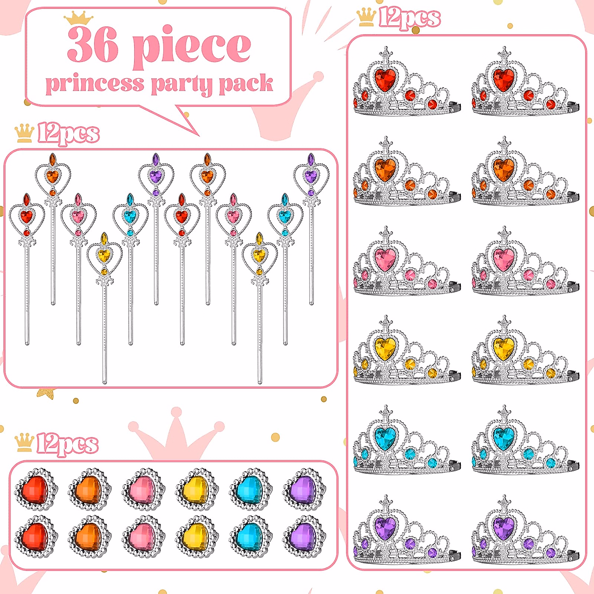 Yinder 12 Princess Party Favors Costume Dress up Accessories Set Included Gift Bags Princess Plastic Crown Tiara Rings and Wands Christmas Birthday Party Jewelry(Elegant Style)