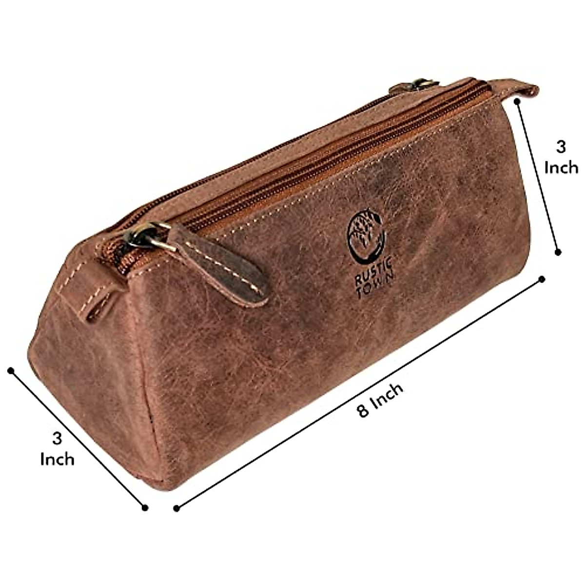 RUSTIC TOWN Leather Pencil Case - Zippered Pen Holder Pouch for School, Work & Office (Medium Brown)