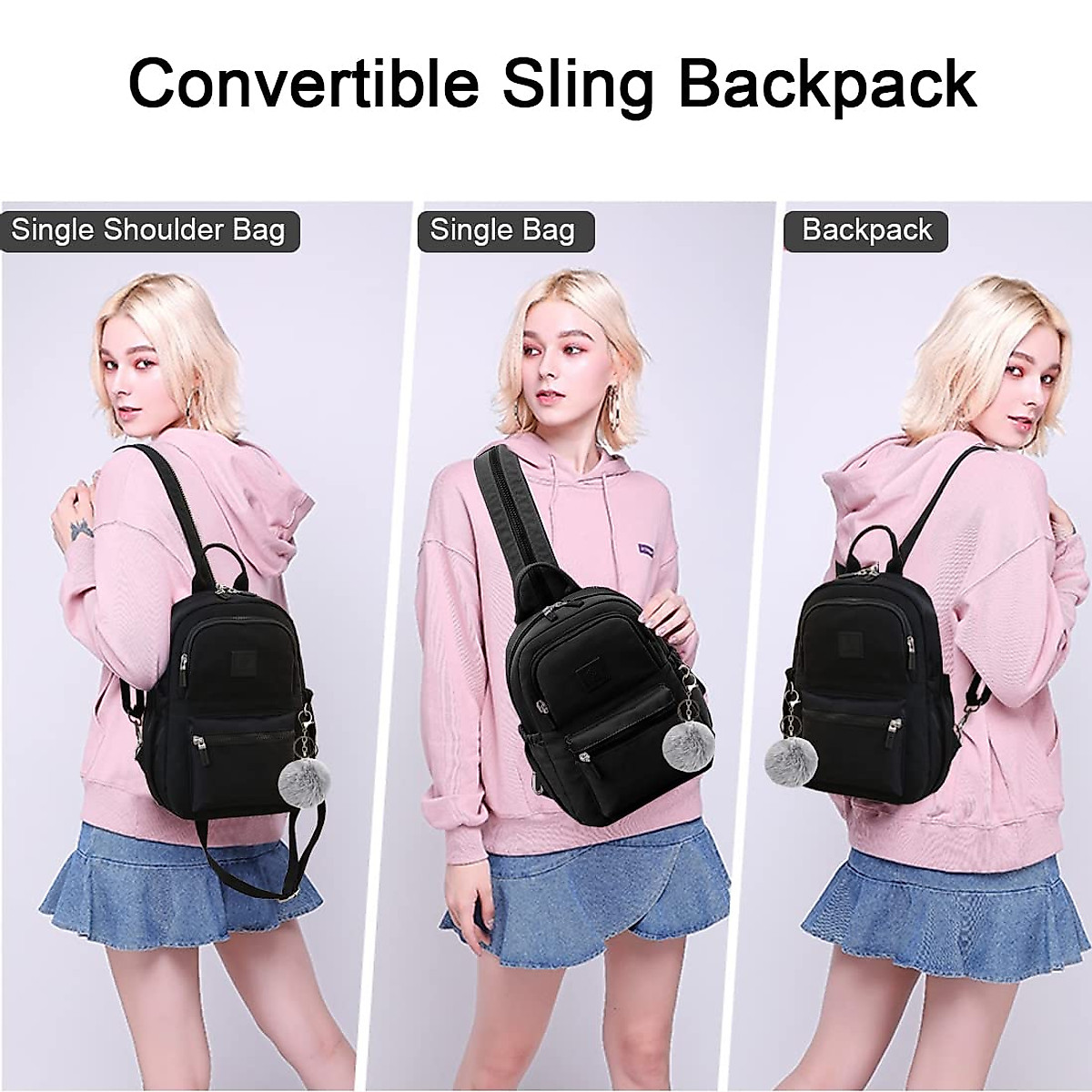 Sunwel Fashion Mini Backpack & Sling Bag 2 Way Carry Nylon Casual Daypack Chest Bag with Detachable Pom Pom Ball Keychain for Women (black)