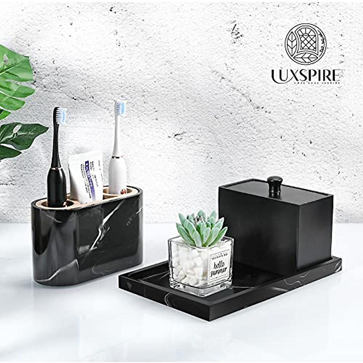 Luxspire Bathroom Vanity Tray, Resin Dresser Jewelry Ring Dish Tank Storage Kitchen Sink Countertop Organizer Plate Holder for Perfume Candles Soap Towel Plant Bathroom Accessories, M, Matte Ink Black
