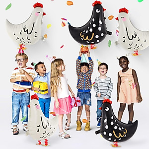 6 PCS Walking Chicken Balloons, Aluminum Foil Chicken Party Decorations White and Black Chicken Walking Balloons for Birthday Baby Shower Farm Animal Theme Party