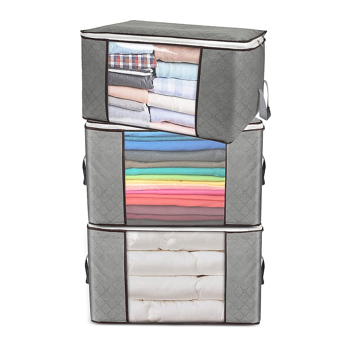 Txtsegose Large Capacity Clothes Storage Bag,Capacity Storage Bins with Clear Window, Closet Organizer with Reinforced Handle, Storage Containers Foldable with Sturdy Zipper, 3 Pack, (Gray).