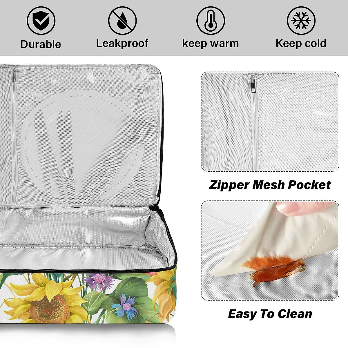 Kigai Sunflower Cornflower Poppy Pattern Insulated Casserole Carriers for Hot or Cold Food Storage, Perfect for Parties, Picnics, and Camping; Fits 9” x 13”Baking Dishes; Casserole Carrying Case