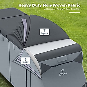 RVMasking 7 Layers top Class C RV Cover Rip-Stop Waterproof Camper Cover Fits 29'1''-32' Motorhome-Anti-UV Windproof Breathable with 4 Tire Covers & Gutter Covers,Gray