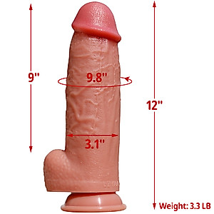 XXXL Realistic Dildo 3.1 Inch Diameter Double Layer Design 12 Inch Long Huge Thick Penis Silicone Material Big Dick Cock Adult Sex Toy Strong Suction Cup 2 Balls for Experienced Women