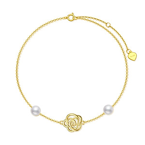 FENCCI Solid 14K Gold Rose Anklet for Women, Real Gold Rose Flower Pearl Anklets Bracelets for Women Foot Jewelry Mothers Day Gift for Mom Her Wife, 8+1+1 Inch