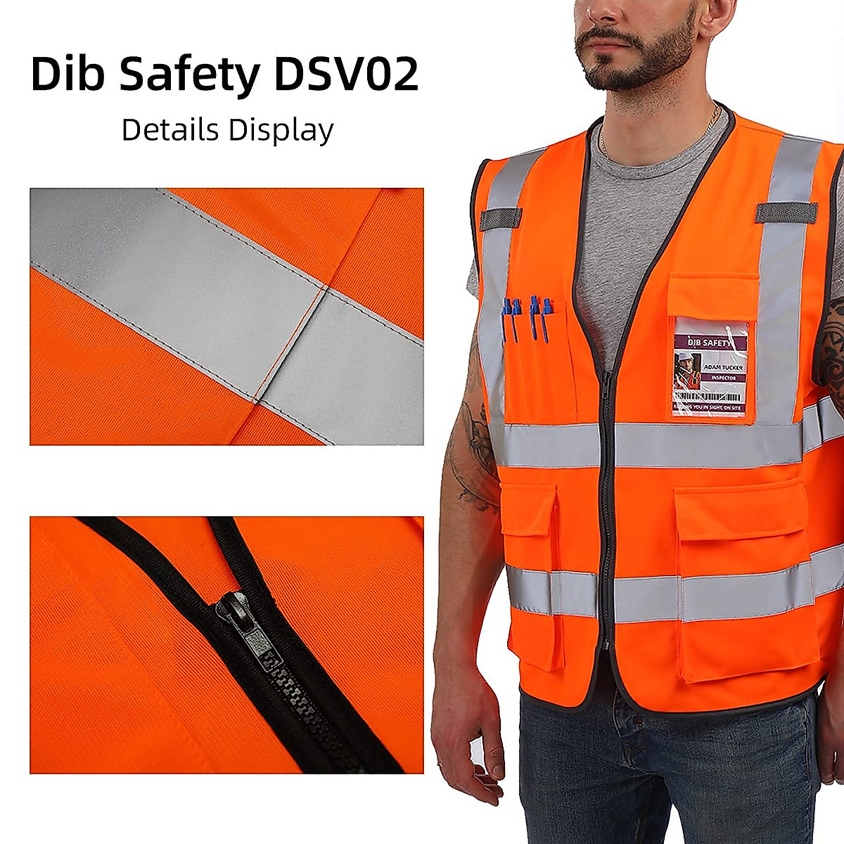 Dib Safety Vest Reflective ANSI Class 2, High Visibility Vest with Pockets and Zipper, Construction Work Vest Hi Vis Orange L