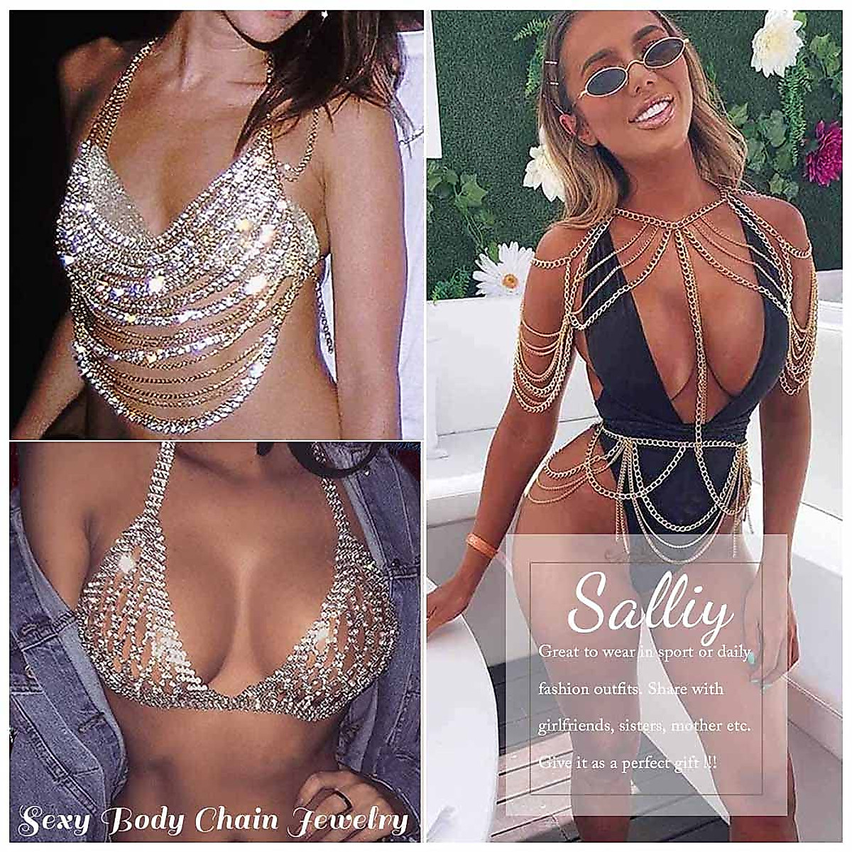 Salliy Boho Body Chain Bra Gold Sexy Rhinestone Bikini Bra Body Halter Backless Sequins Chain Bra Beach Body Accessories Jewelry for Women (Gold Bra + Skirt)