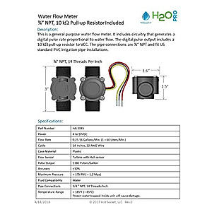 Flow Sensor, 3/4 Inch Male NPT, 3-Wire, Digital Pulse Output, Includes 10kOhm Pull-Up Resistor to VCC, Hall Effect Sensor