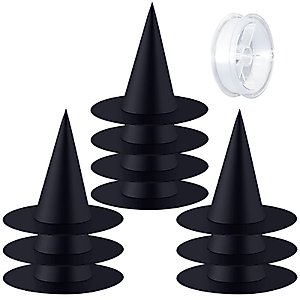 LUOBO Witch Hat, 10 Pieces with 100 Yards Hanging Rope for Halloween Yard Decoration. Black, Oxford Fabric, Collapsible Design, Hand Wash Only, All Ages, Halloween Celebrators