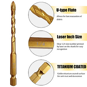 Hymnorq 1/4 Inch Multi-Purpose Masonry Drill Bits 10pc Pack, YG6X Carbide Tipped 4 Edges Cross Spear Head, 1/4 Hex Shank, Titanium Coated Surface, for Glass Tile Concrete Wood Ceramic Brick Marble