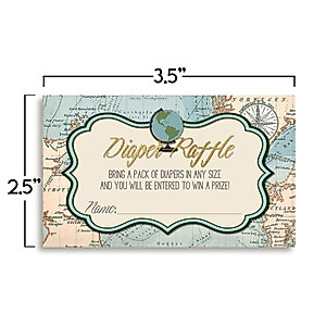 Adventure Awaits World Traveler Gender Neutral Diaper Raffle Tickets for Baby Showers, 20 2" X 3” Double Sided Inserts, Bring a Pack of Diapers to Win Favors & Prizes!