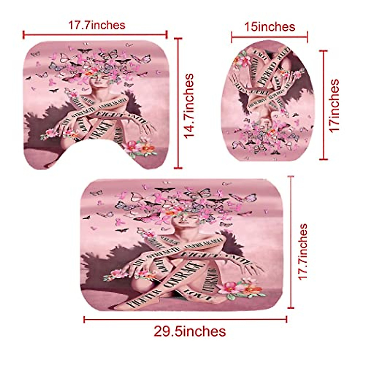 Vivianbuy 4 Pcs Pink Lady African American Bathroom Shower Curtain Sets with Rugs Toilet Lid Cover and Bath Mat,Black Women Bathroom Set with Waterproof Fabric Bathroom Curtain and 12 Hooks