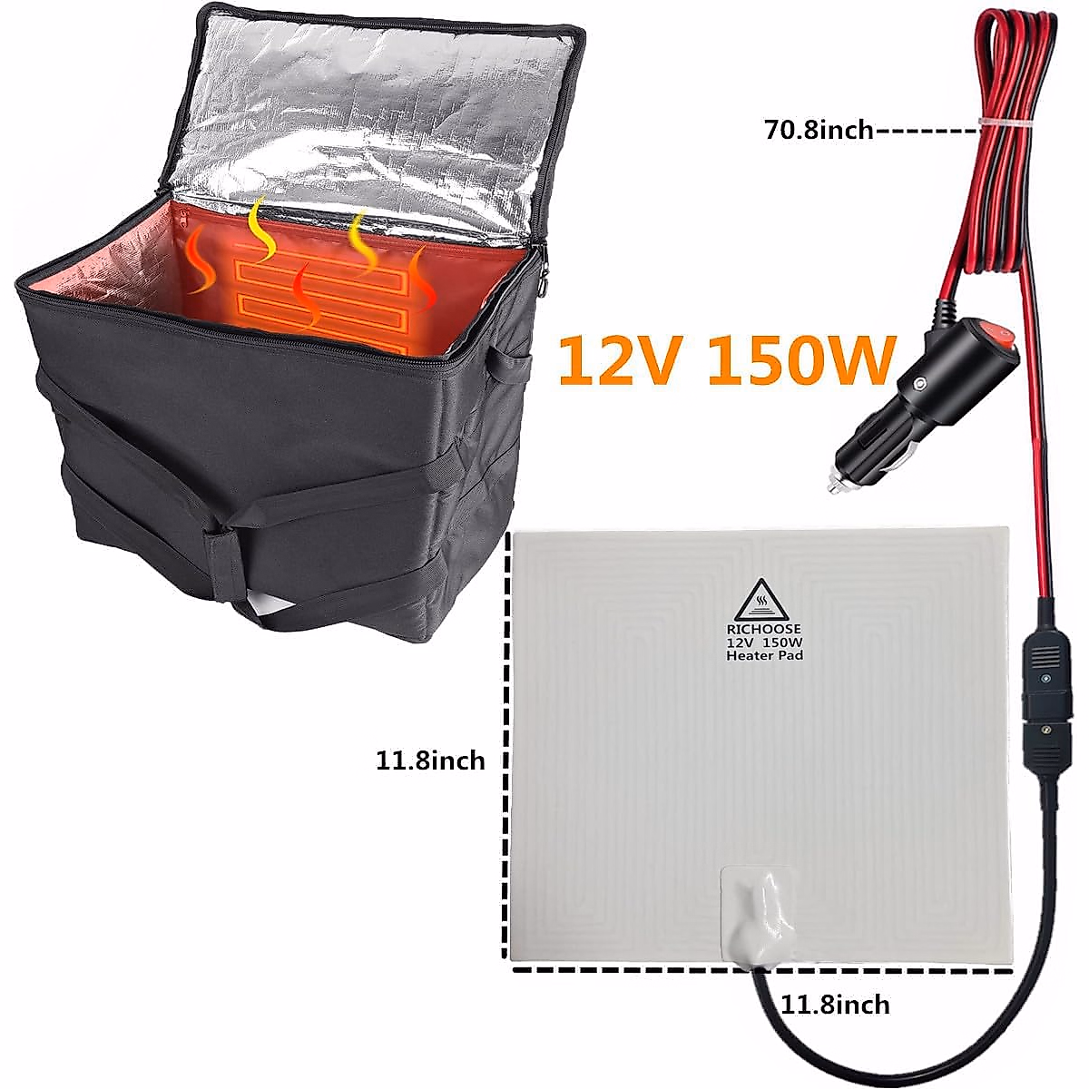 RICHOOSE Electric Heated Pad for Delivery Pizza Bag,12V 150W Food Warmer Pad, Portable Heat Pad with Car Power Plug, Built-in Thermostat 176℉,Perfect for Deliveriers of Uber Eats, DoorDash,Grubhub