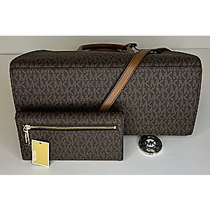 Michael Kors MICHAEL Michael Kors Avril Large Top-Zip Satchel bundled with Trifold Wallet Purse Hook (Signature MK Brown)
