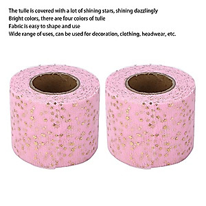 Cyrank Tulle Rolls 2pcs, 6cm Width 25 Yards Tulle Fabric with Gold Stars Patterns Glitter Tulle Rolls for Chair Ties Tutu Skirt Wedding Decor Gift Wrapping(Pink)