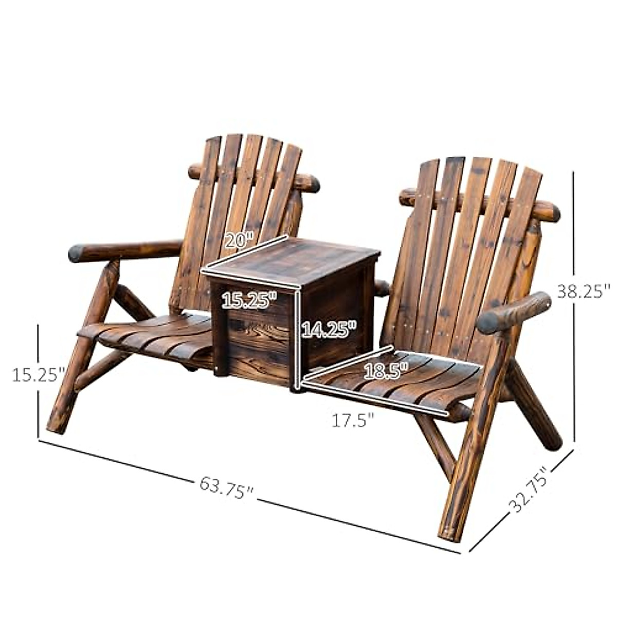 Outsunny Double Wooden Adirondack Chair with Ice Bucket, Outdoor Loveseat with High Backrest, Smooth Armrest, Rustic Brown