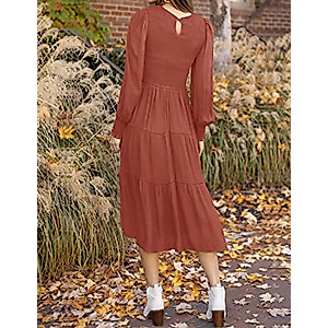 ZESICA Women's 2023 Casual Long Sleeve Crew Neck High Waist Smocked Flowy Tiered Midi Dress,Rust,Medium