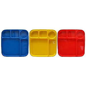 Set of 3 Children's 5 Section Food Trays Plates - 3 Assorted Colors - Microwave Safe - 10" X 10" - For Meals on the Go, Reheating, Picnics, Camping, Kid's Parties, or Regular Use! (3)