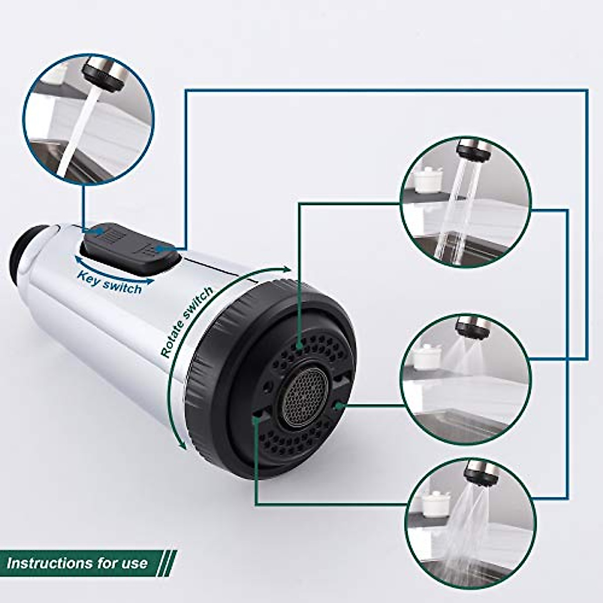 AiHom sink faucet sprayer attachment,Pull Down Faucet Spray Head G 1/2, 4 Function kitchen faucet head, Kitchen Spray Spout Part,Chrome (MALE)