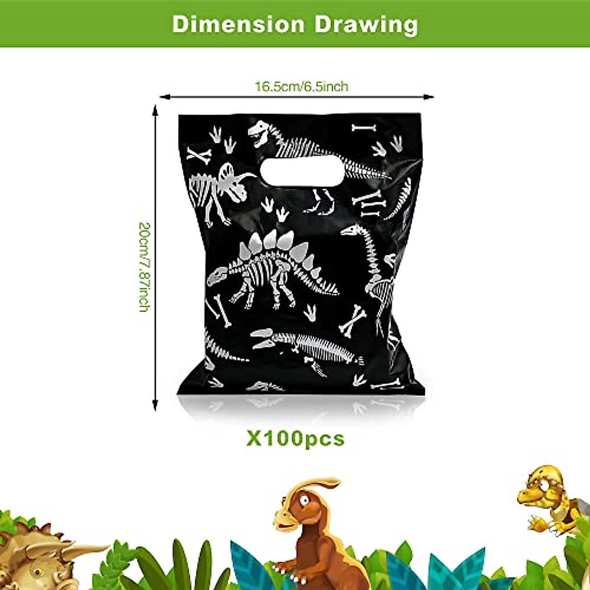 TOSPARTY 100PCS Plastic Dinosaur Bones Merchandise Bags Dinosaur Party Favor Bags Dino Theme Present Candy Treat Goodies Bags for Boys Dinosaur Theme Happy Birthday Party Supplies