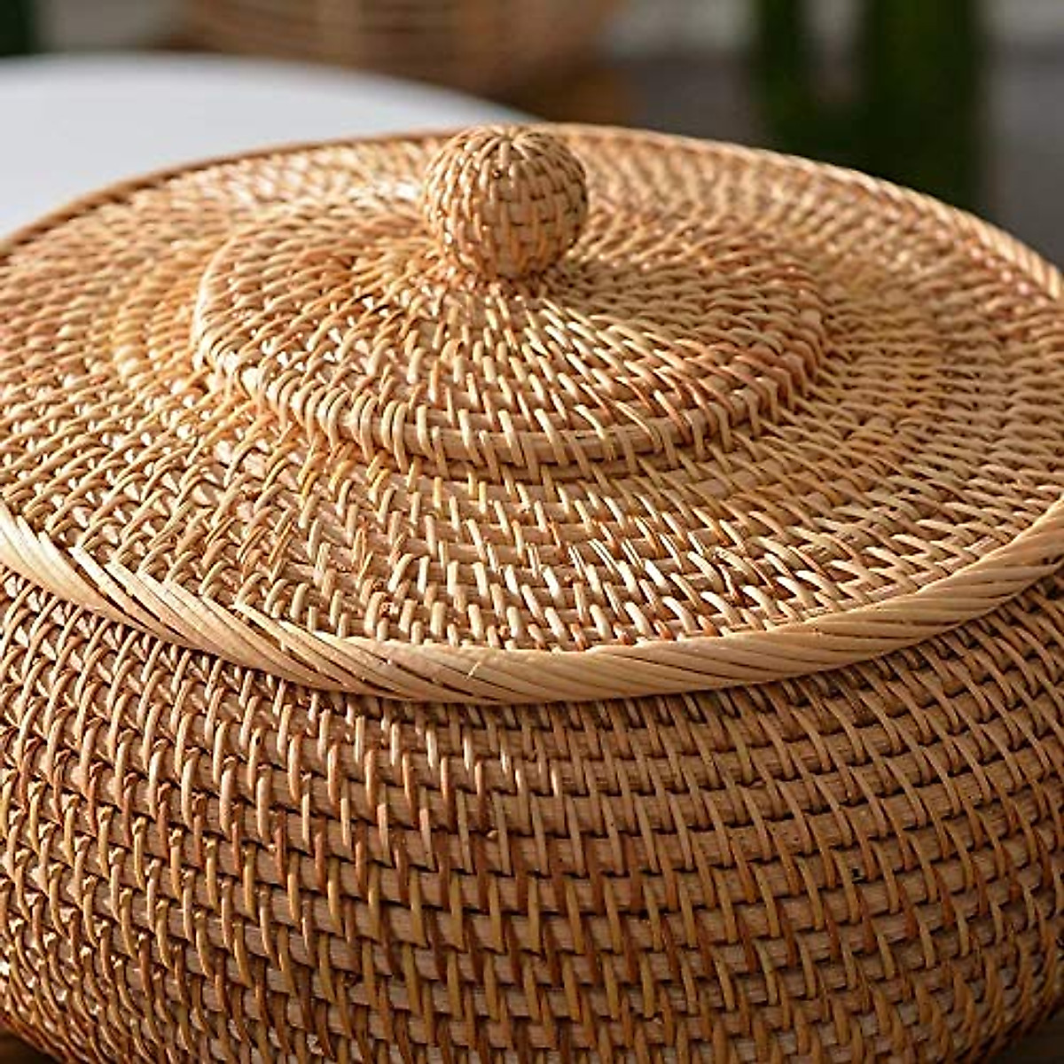 Round Rattan Boxes with Lid Hand-Woven Multi-Purpose Wicker Tray 8.6Inch Picnic Food Bread Table Storage Basket (22x13cm)