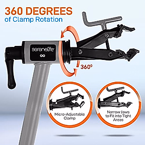 SereneLife Home Mechanic Bicycle Repair Stand - Height Adjustable, 360° Clamp Rotation w/Upgraded Collar & Leg Supports, Holds Up to 80 lbs, Mountain Bike Holder Cleaning or Maintenance Tool Kit