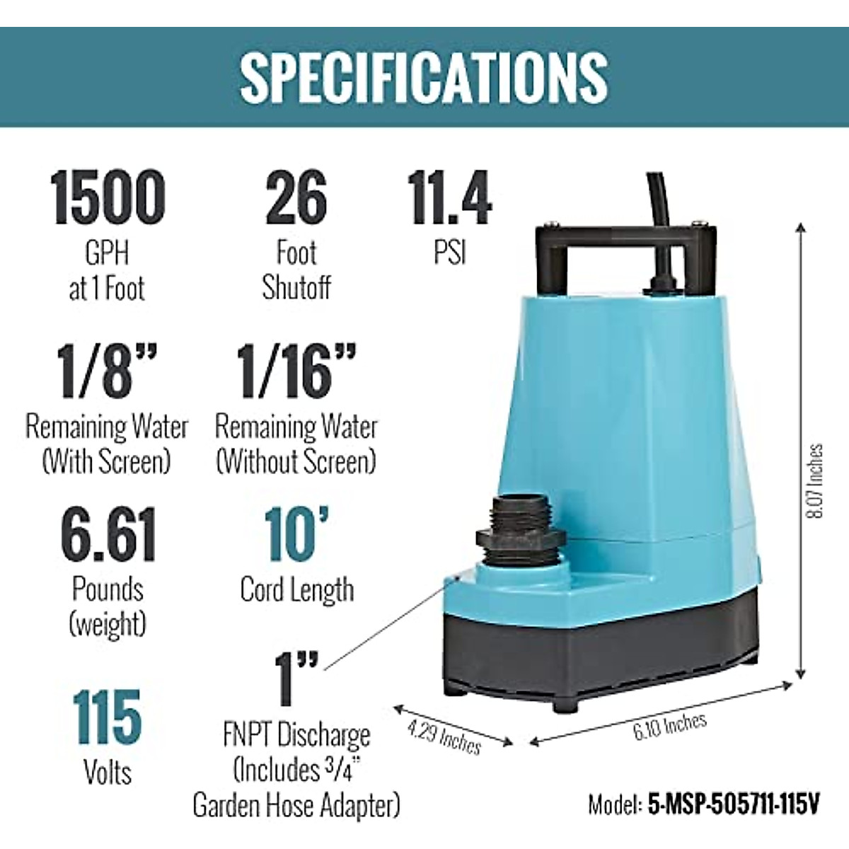 Little Giant 5-MSP 115-Volt, 1/6 HP, 1500 GPH, Aluminum Manual Hydroponics Pump, 10-Ft. Cord, Blue, 505711