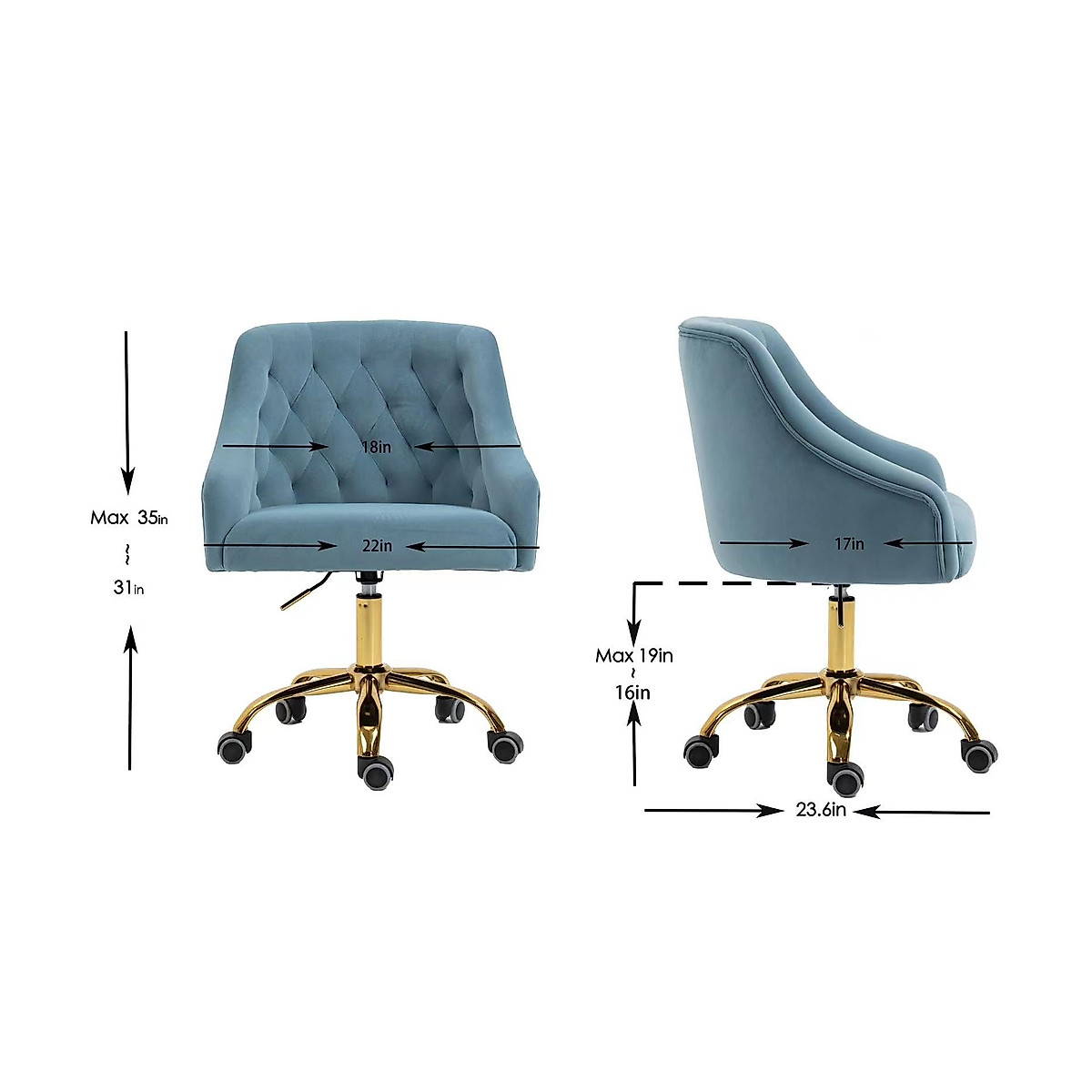 ZOBIDO Comfy Home Office Task Chair with Wheels, Cute Modern Upholstered Velvet Seashell Back Adjustable Swivel Vanity Desk Chair, for Women, for Girls, Living Room(Haze Blue)