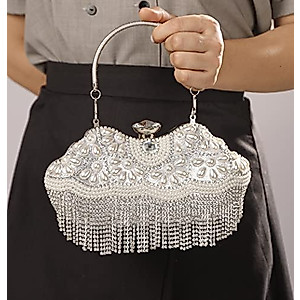 Sither Rhinestone Tassel Handbag Purses for Women Evening Handbag Purses Crystal Pearls Clutch Purses Sparkly Clutches Shoulder Chain Bags for Party Prom Christmas Gift (silver)