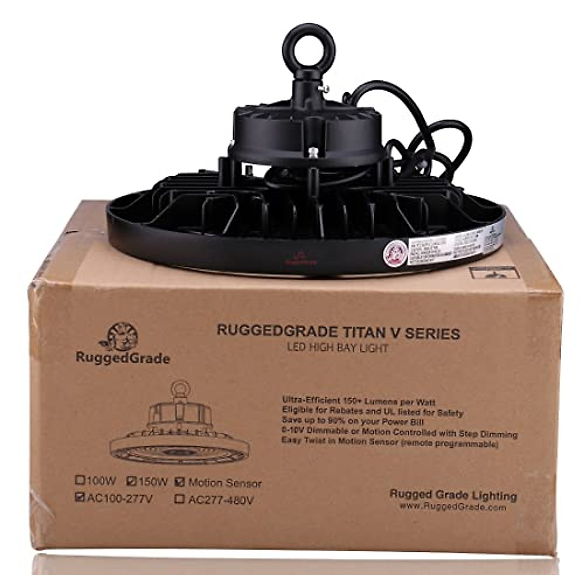 RuggedGrade 150 Watt Titan 5 Motion Sensor LED High Bay UFO Light - 22,000 Lumen - 5000K - DLC Verified High Bay LED