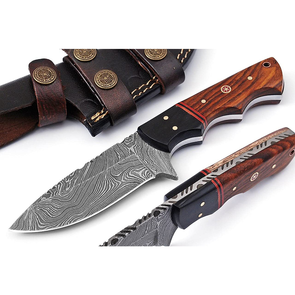 Best Merchants Knives Custom Handmade Hunting Knife Damascus Steel Survival Knife 8'' Overall Horn And Wood Handle With Sheath BM 003 Wood