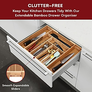 KITCHTIC Expandable Bamboo Drawer Organizer for Utensils, Cutlery, Silverware, Flatware, Knives for Kitchen - Wooden Cabinet Drawers Dividers for Spoon, Fork, Knife - Adjustable to any Size