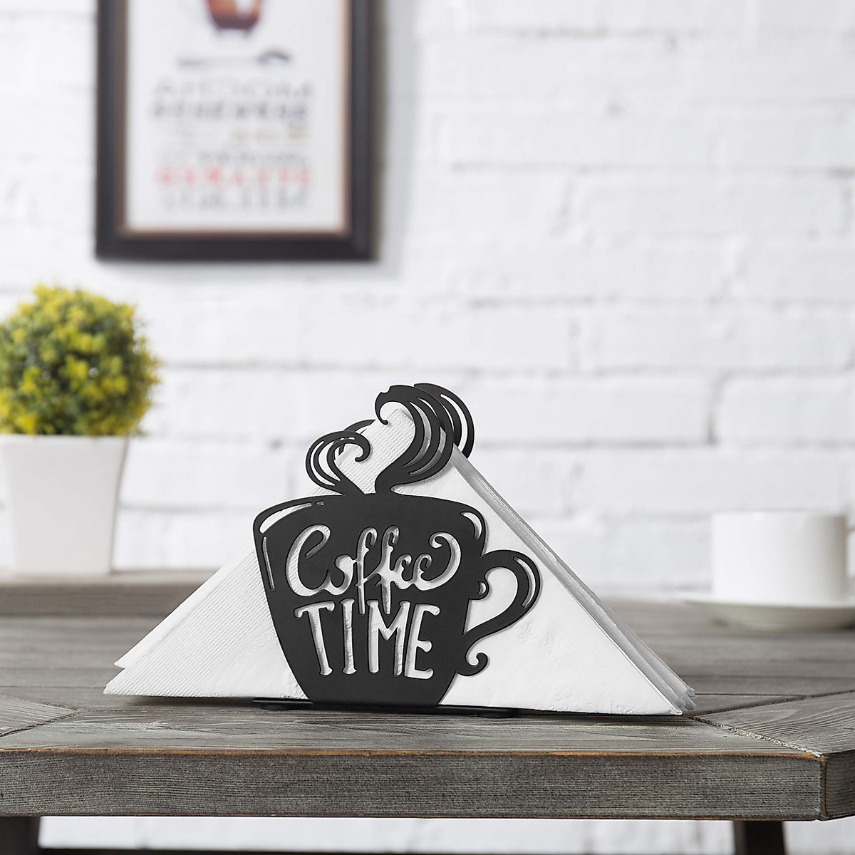 MyGift Black Metal Upright Paper Napkin Holder with Decorative Coffee Time and Mug Cutout Stenciled Design
