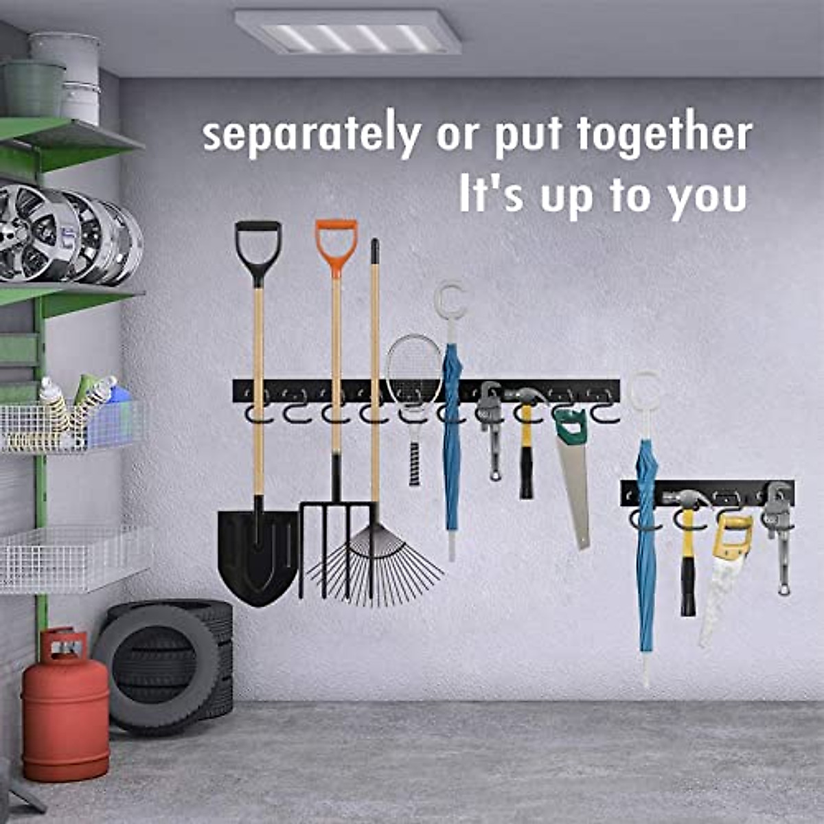 TORACK 64 Inch Garage Hooks Tool Organizer, Adjustable Wall Mounted Garage Hanger Storage System (16 Hooks & 16 Pegs)