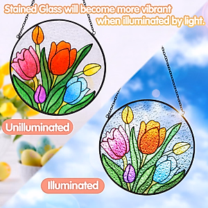 Tuitessine Tulip Suncatcher Stained Glass Window Hanging Panels, 6.3''x6.3'' Round Handmade Hanging Ornament with Chain, Garden Patio Wall Decor Flower Gift for Mom Teachers Friends