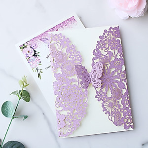 Hosmsua 5.1x7.3'' 50PCS Purple Glitter Quinceanera Invitation Kit Laser Cut Flora Butterfly Invitation Cards Pocket with Envelopes for Bridal Shower Sweet 16 Wedding Invitation (Purple Glitter)