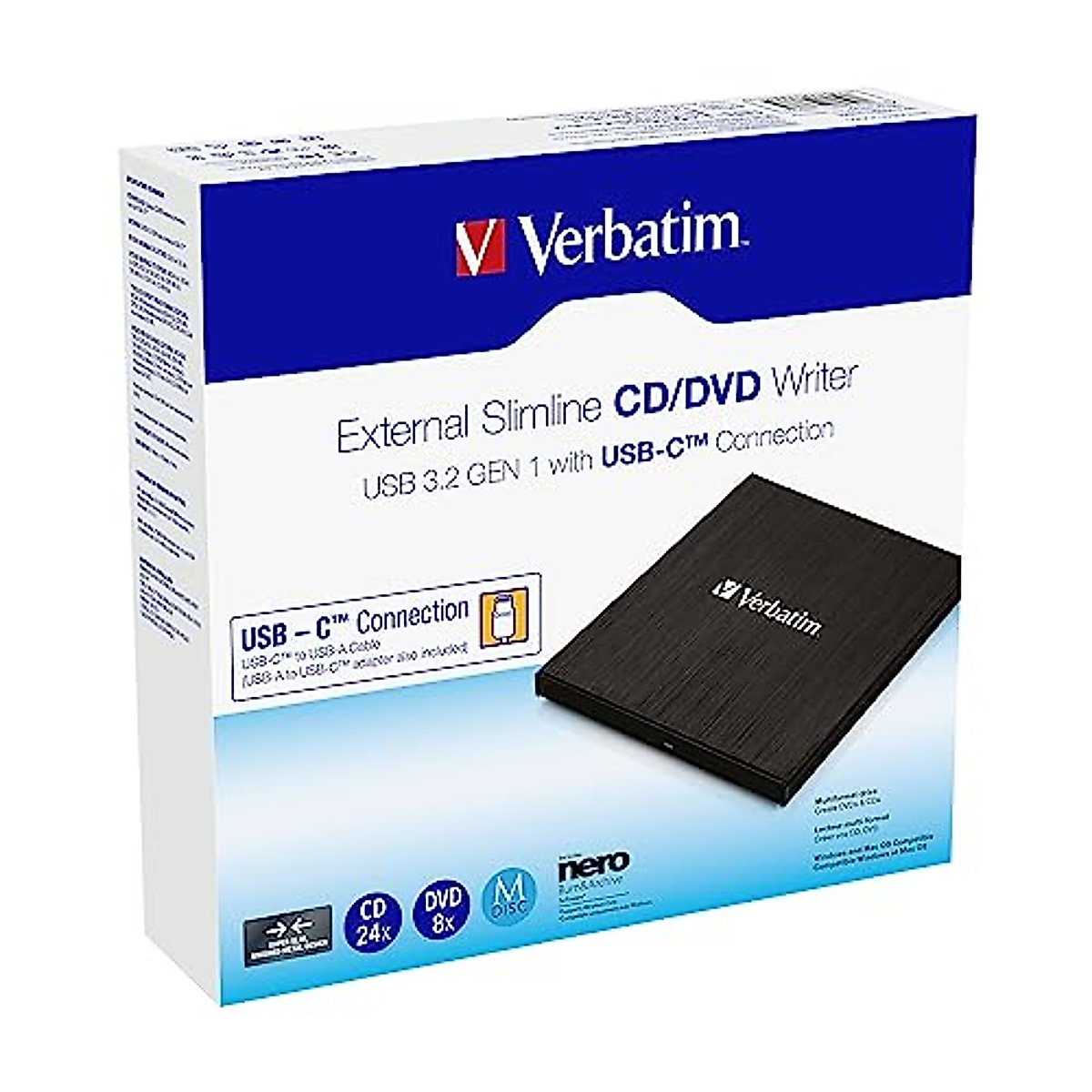 Verbatim External Slimline CD/DVD Writer - USB 3.2 Gen1 with USB-C Connection incl. USB-C to USB-A Cable - Compact Design - External DVD Writer - External CD-Drive - Slim Design