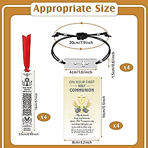 4 Pcs First Communion Blessing Metal Bookmark 4 Pcs First Communion Black Stretch Bracelet with Charm and 4 Pcs Holy Communion Card for Boys Girls Religious Christian Present