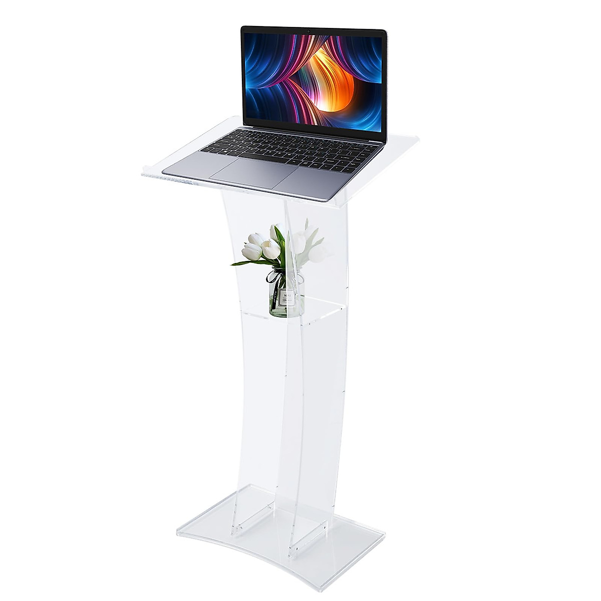CheriMuMu Acrylic Podium Stand, Modern Durable Acrylic Transparent Arc Podium Professional Clear Presentation Lectern Stand up Floor-Standing Podium for Office, Classroom, Restaurant and More